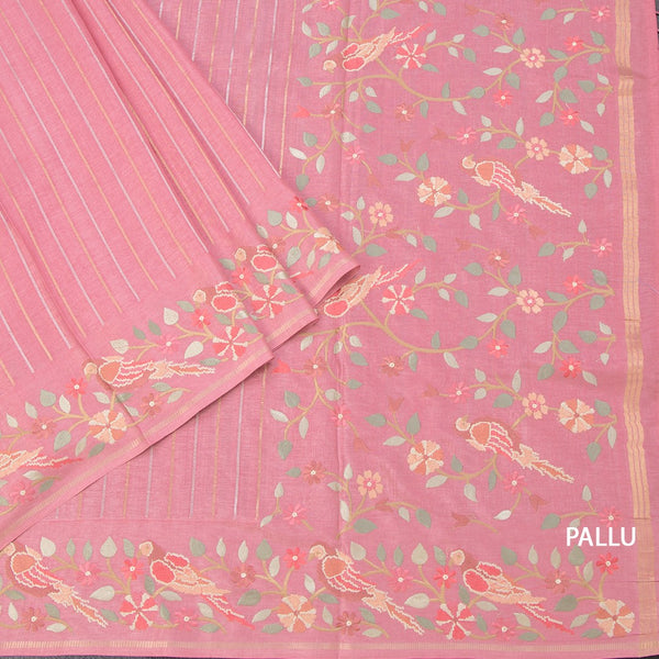 Raw Silk Baby Pink Saree With Zari Stripes And Thread Border
