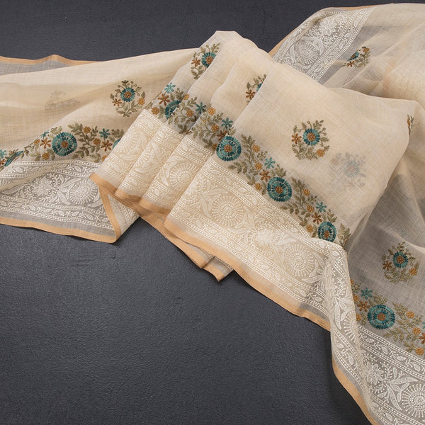 Linen Cream Floral Thread Work Saree 02 – Kumaran Silks