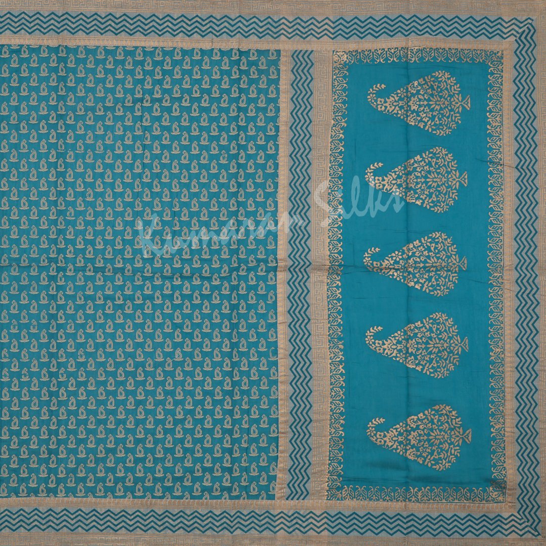 Chanderi Cotton Printed Teal Blue Saree 03 – Kumaran Silks
