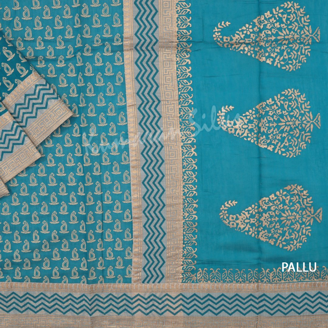 Chanderi Cotton Printed Teal Blue Saree 03 – Kumaran Silks