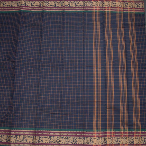 Chettinad Cotton Navy Blue Checked Saree With Thread Border Without ...