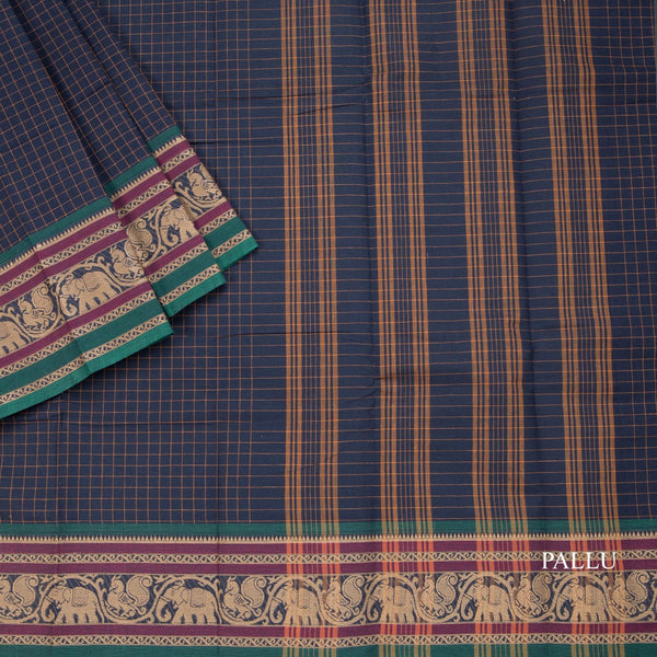 Chettinad Cotton Navy Blue Checked Saree With Thread Border Without ...