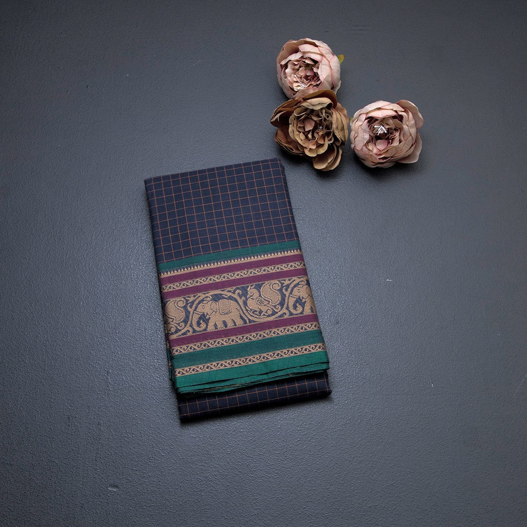 Chettinad Cotton Navy Blue Checked Saree With Thread Border Without ...