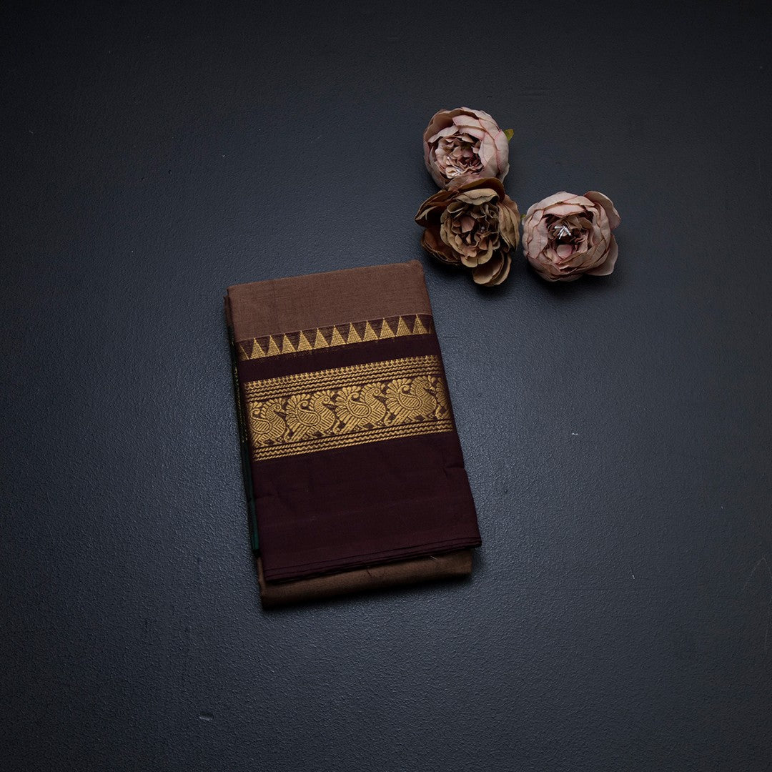 Chettinad Cotton Golden Brown Plain Saree With Temple Border Without ...