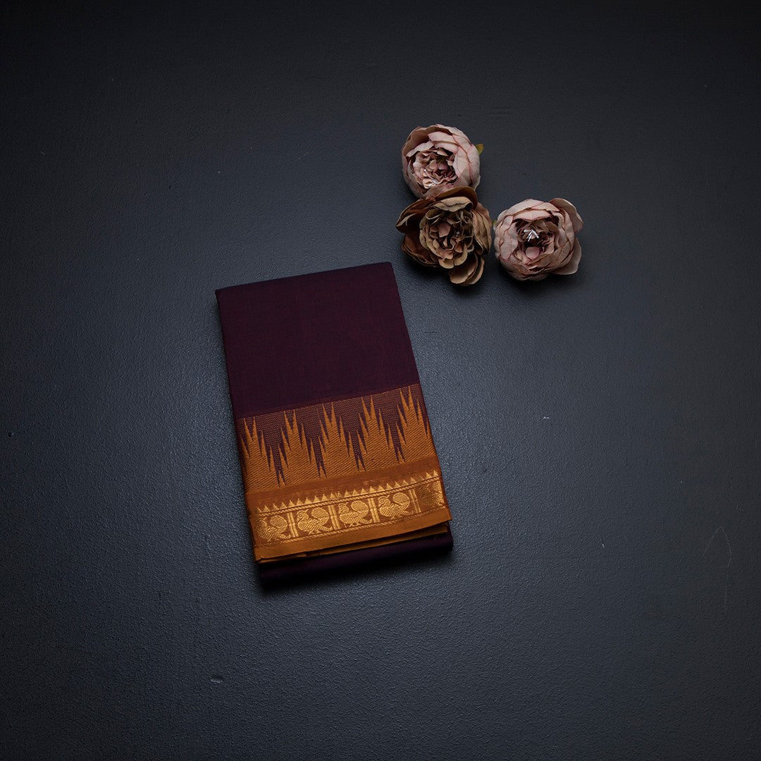 Chettinad Cotton Maroon Plain Saree With Temple Border Without Blouse ...