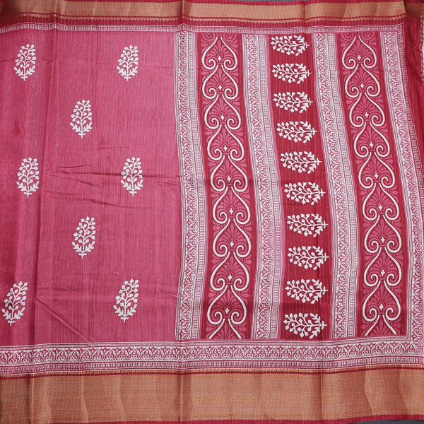 Semi Raw Silk Ruby Pink Printed With Zari Stripes Saree – Kumaran Silks