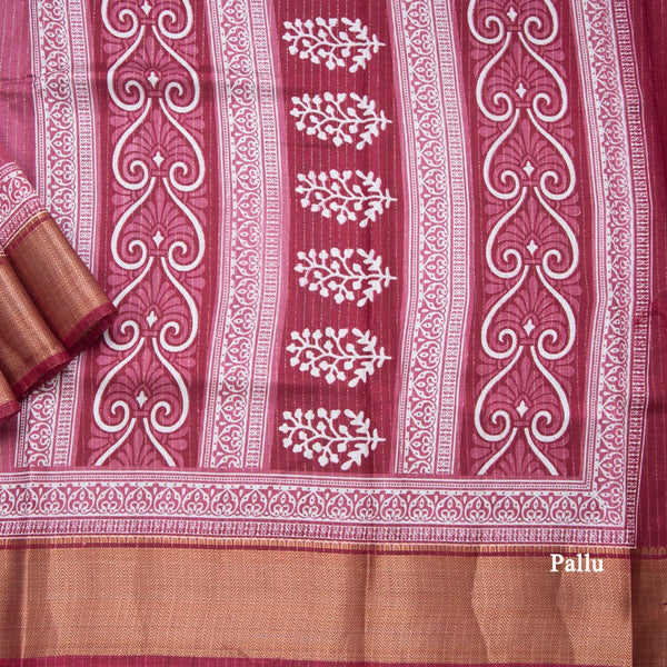 Semi Raw Silk Ruby Pink Printed With Zari Stripes Saree – Kumaran Silks