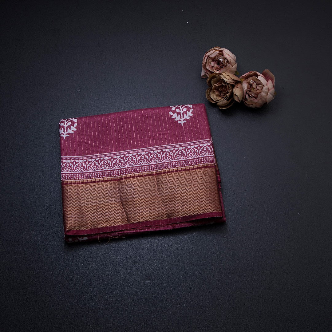 Semi Raw Silk Ruby Pink Printed With Zari Stripes Saree – Kumaran Silks
