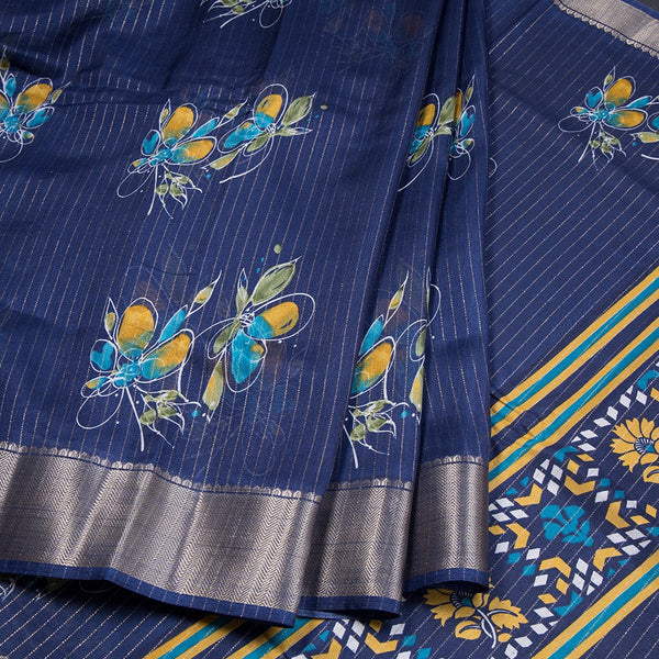 Semi Raw Silk Navy Blue Printed With Zari Stripes Saree – Kumaran Silks