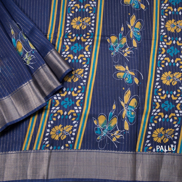 Semi Raw Silk Navy Blue Printed With Zari Stripes Saree – Kumaran Silks