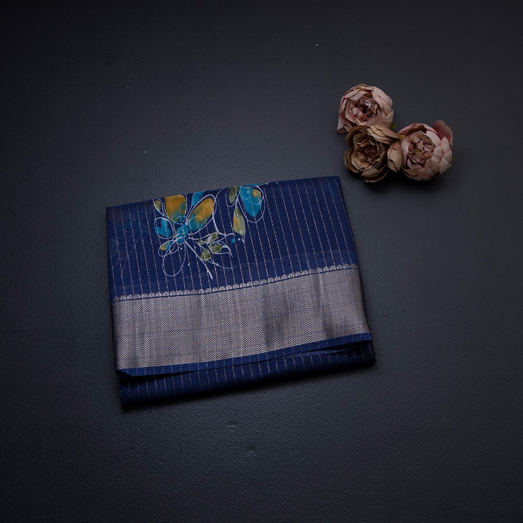 Semi Raw Silk Navy Blue Printed With Zari Stripes Saree – Kumaran Silks