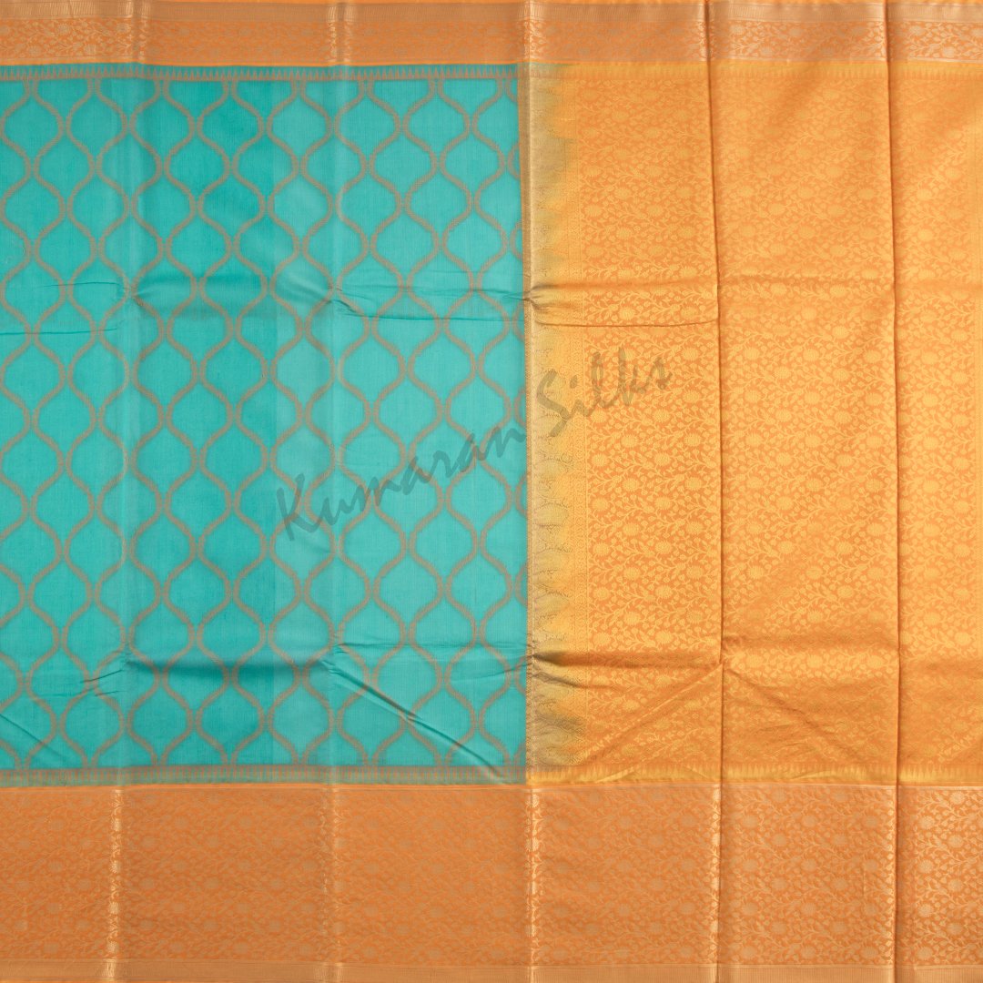 Silk Cotton Sea Green Embossed Saree With Floral Designs On The Orange ...